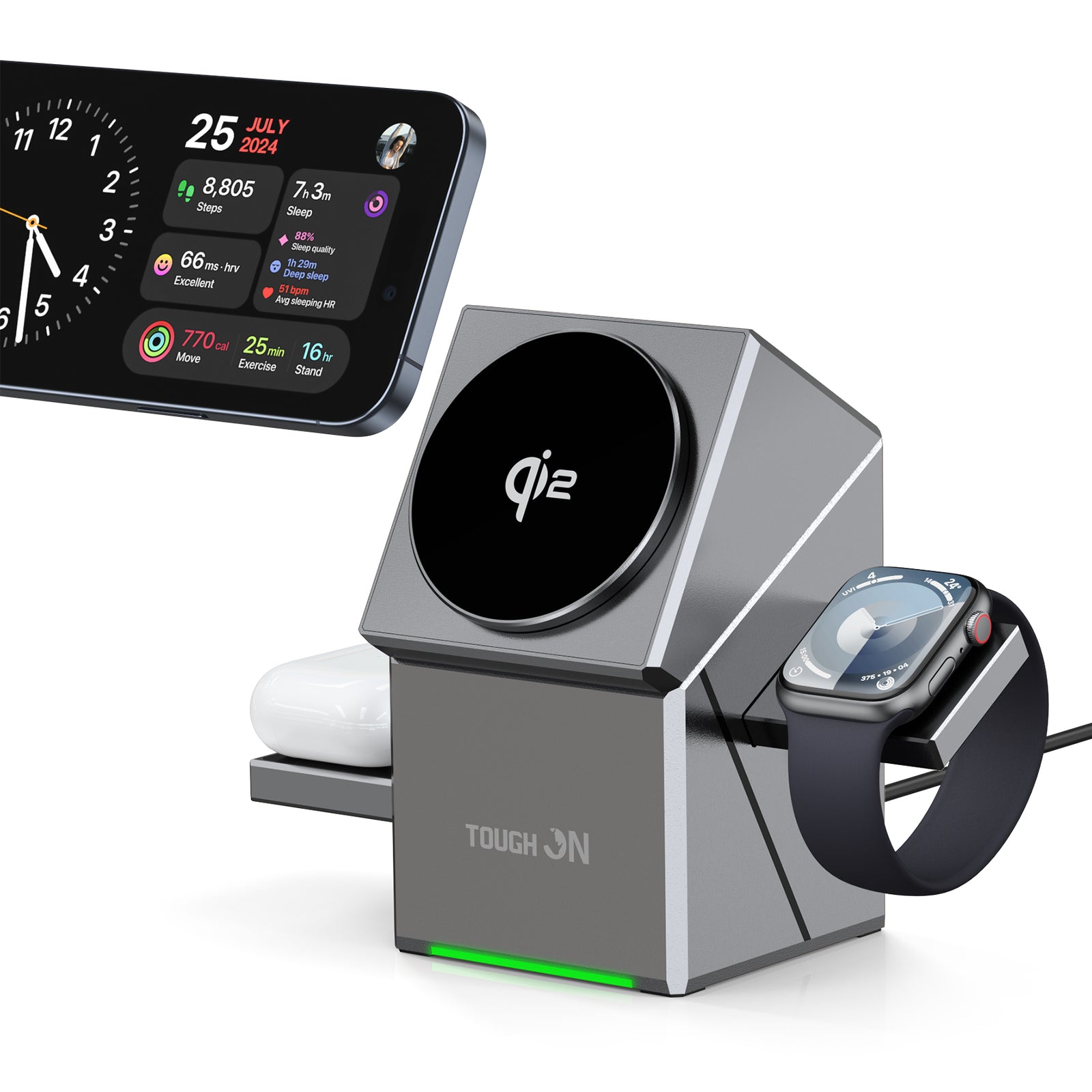 Tough On Qi2 3 in 1 Wireless Charger Auto-Rotating Compatible with Mag